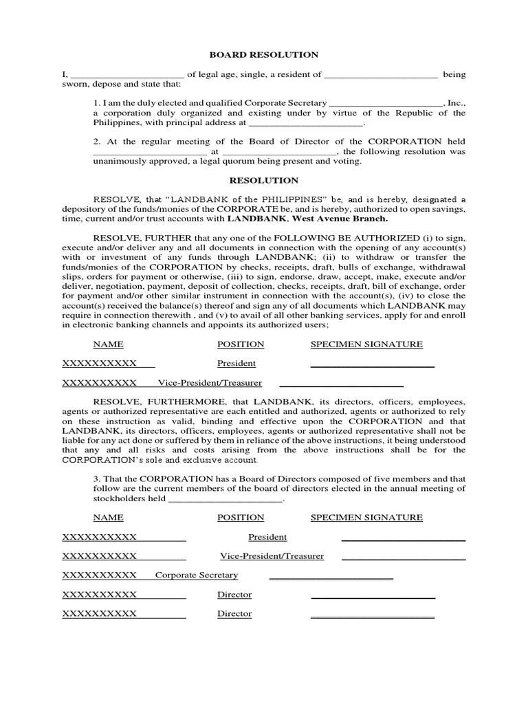 Board Resolution For Opening A Bank Account | PDF | Board Of Directors ...