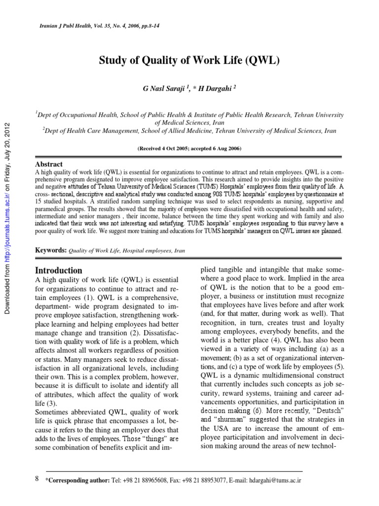 Study of Quality of Work Life QWL | PDF | Goal | Employment