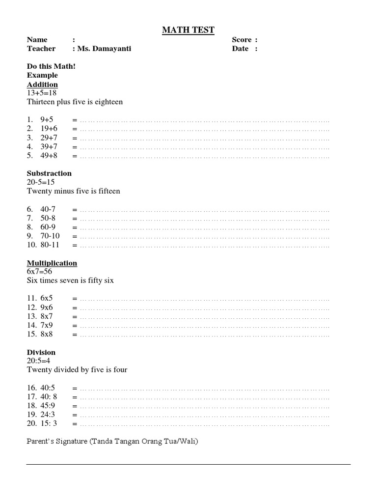 Math Test: Name: Score: Teacher: Ms. Damayanti Date: Do This Math ...