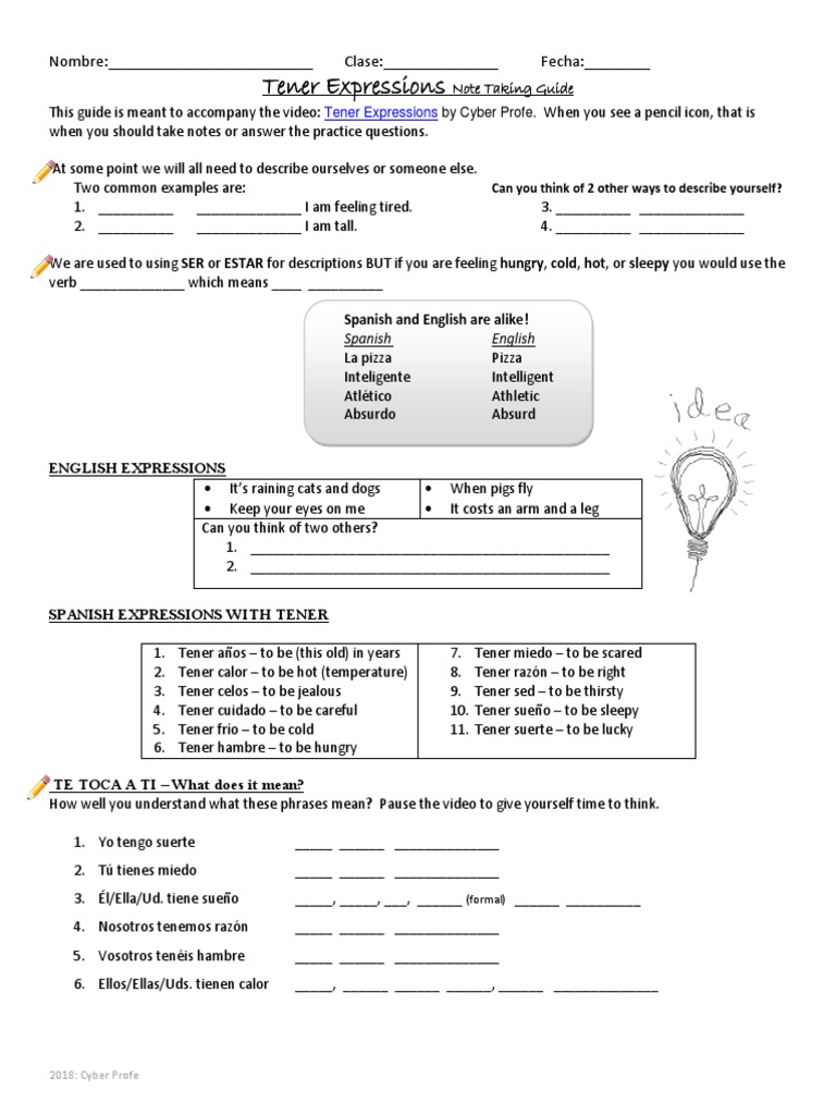 Spanish Tener Expressions - Note Taking Guide (Along With YT Video 5 ...
