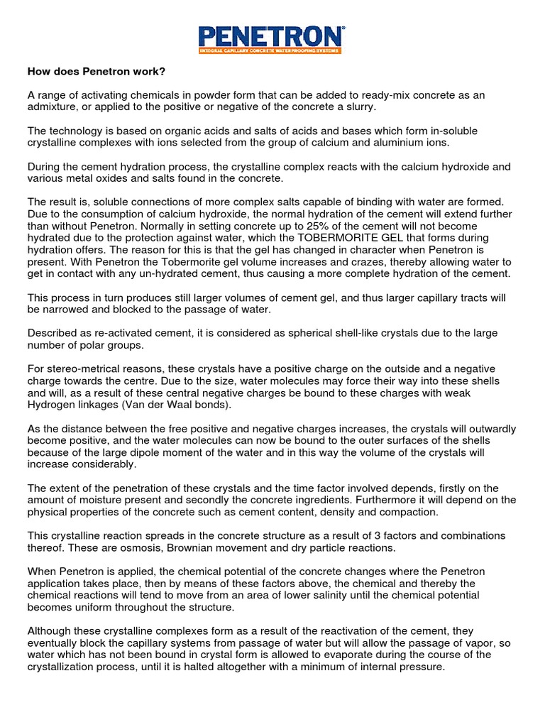 Penetron Crystalline Waterproofing Explained | PDF | Solvation | Concrete