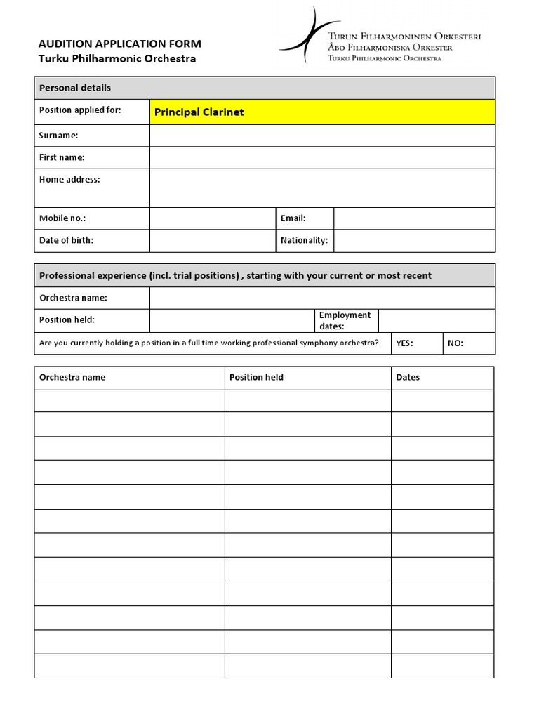 Application Form Principal Clarinet Tpo | PDF