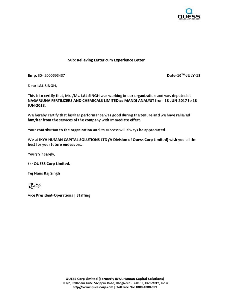 Quess Corp Relieving & Experience Letter | PDF