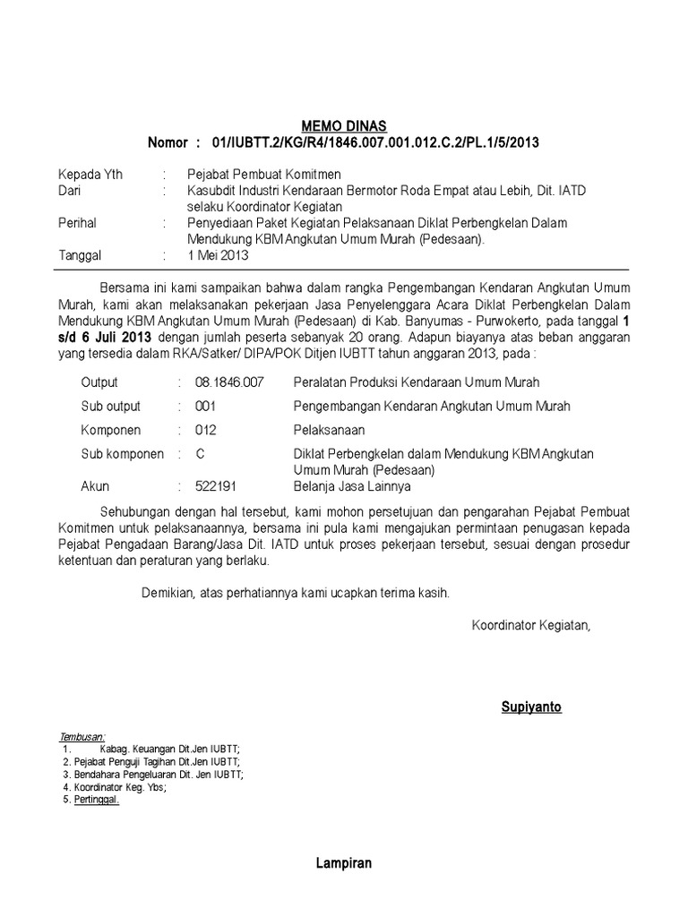 Memo Dinas Penyediaan Paket Kegiatan Pelaksanaan Diklat Perbengkelan | PDF