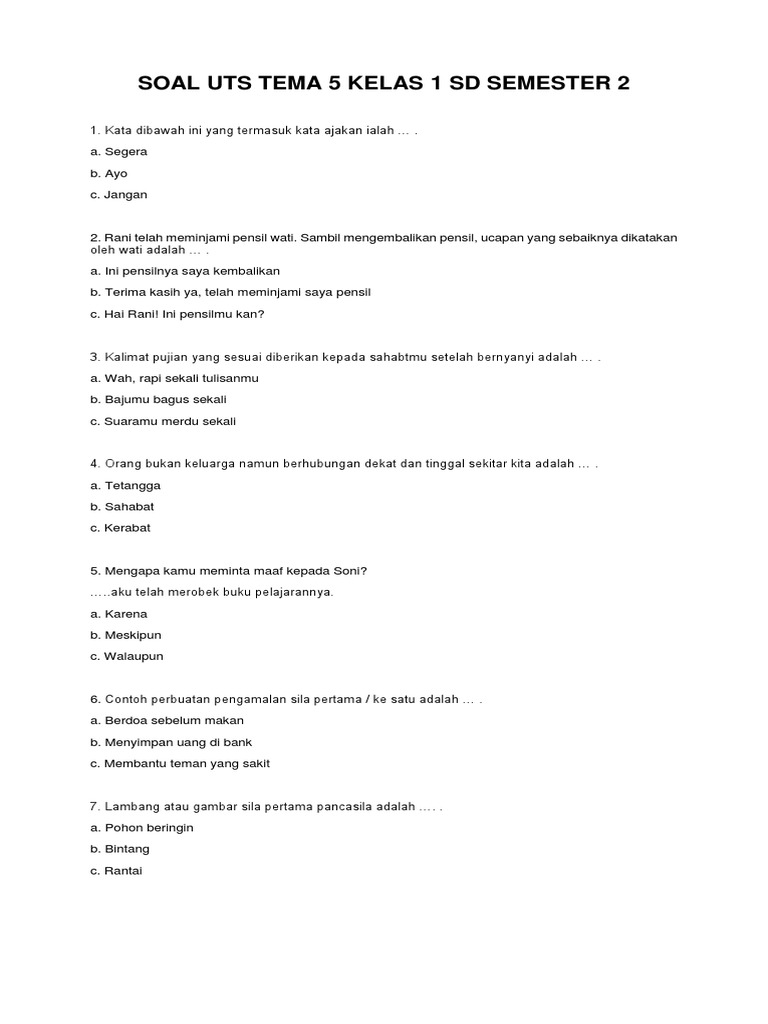 Soal Uts Tema 5 Kelas 1 SD Semester 2 | PDF