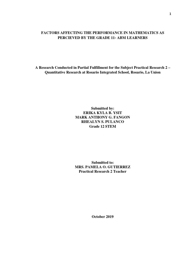 Factors Affecting Mathematics Performance In Grade 11 Abm Learners Pdf Socioeconomic Status