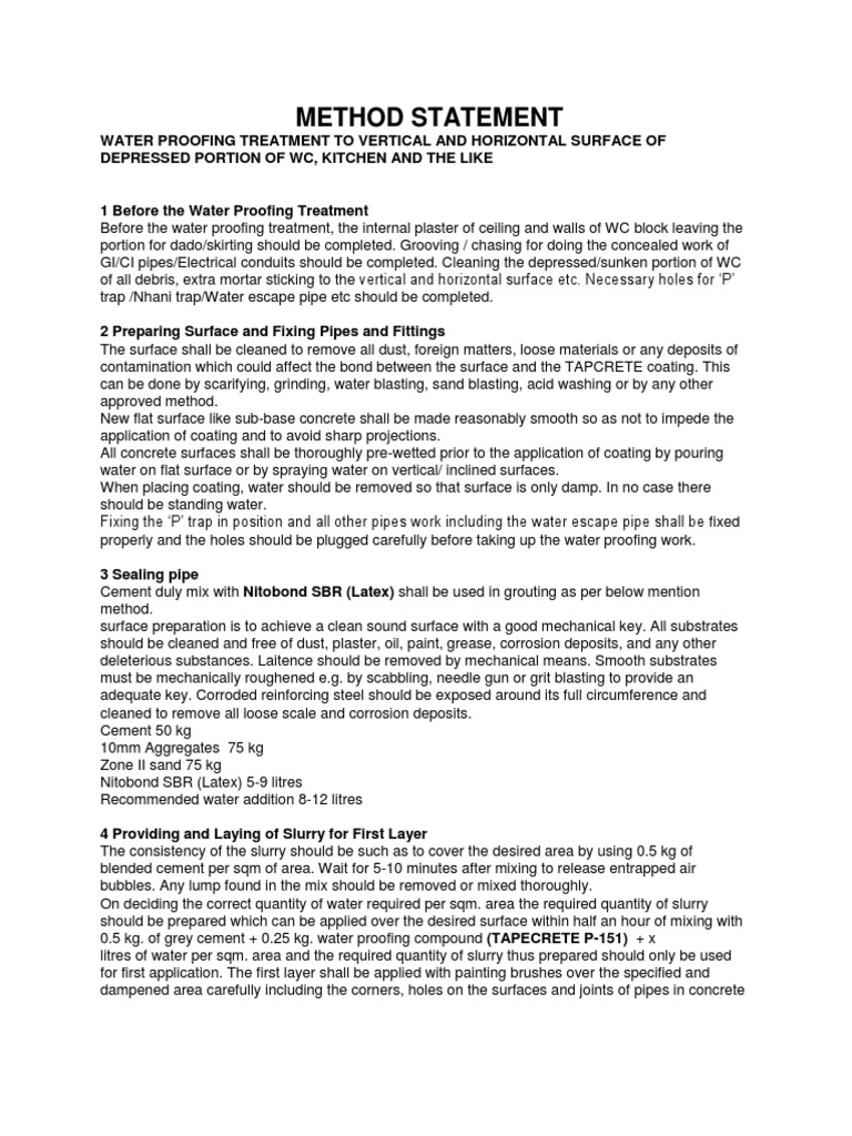 Method Statement of Waterproofing (Wet Area & Brick Bat Coba) | Brick ...