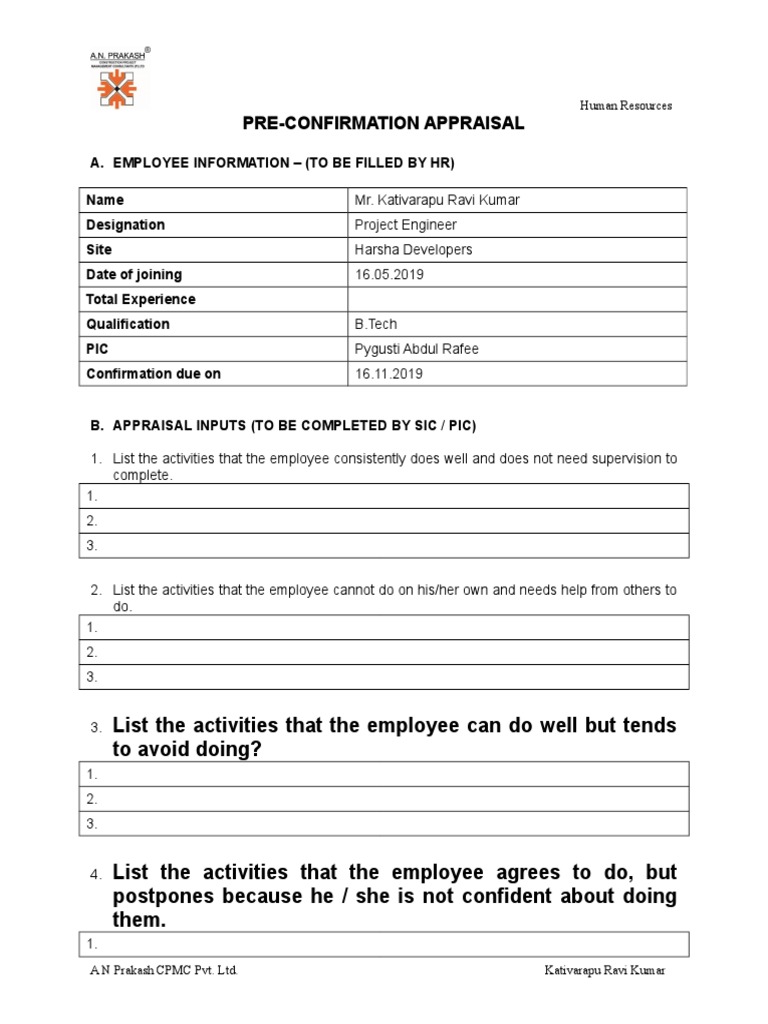 Pre Confirmation Appraisal Form - Mr. K Ravikumar | PDF | Human Resource Management | Cognition