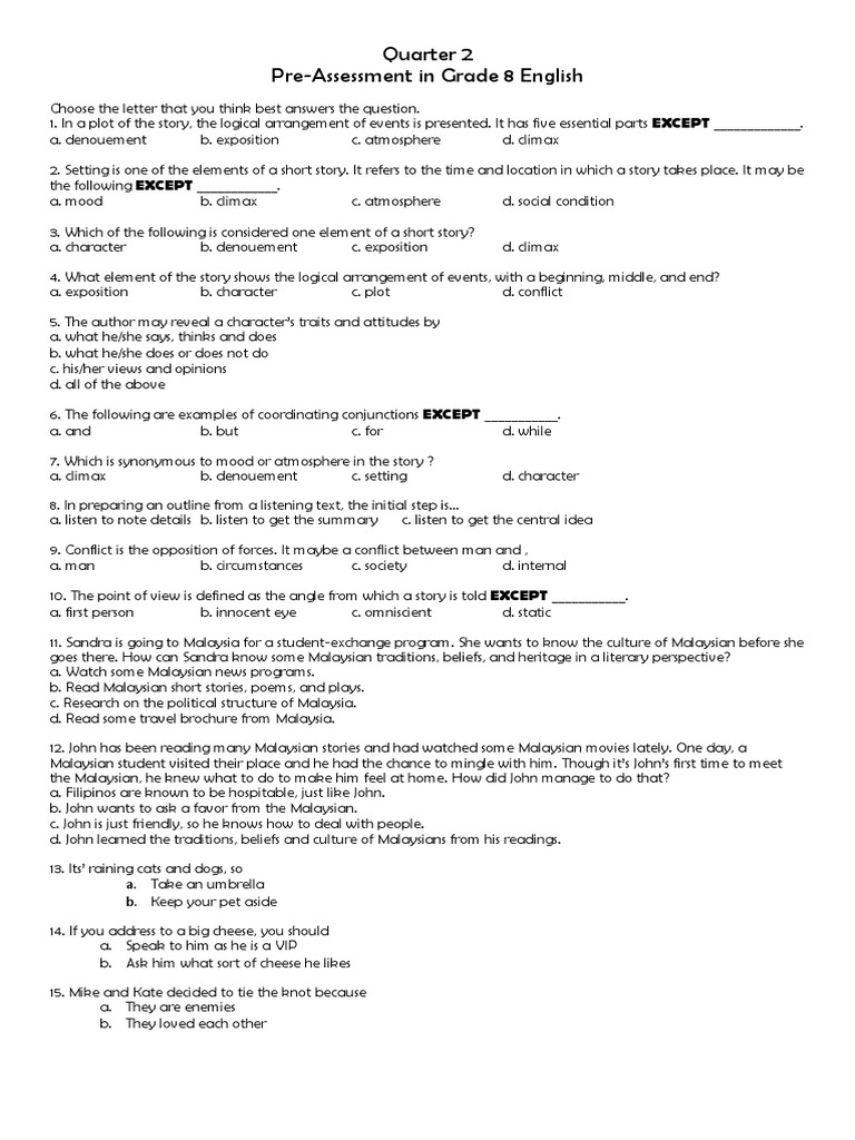 Quarter 2 Pre-Assessment in Grade 8 English: EXCEPT | PDF