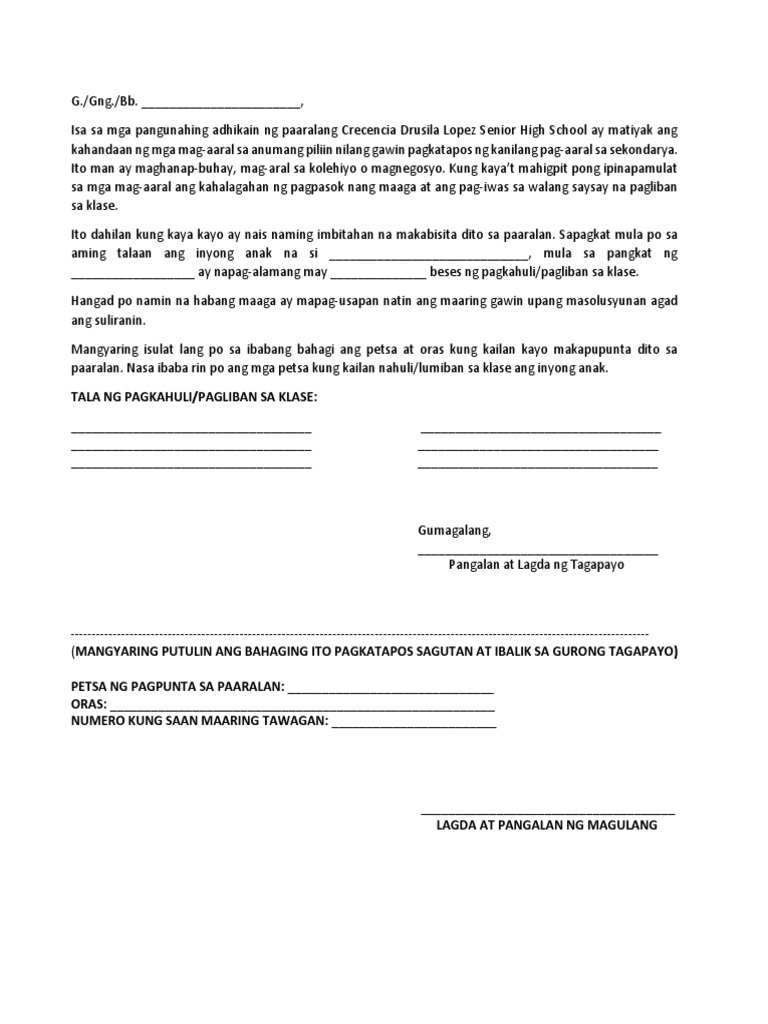 Halimbawa Ng Liham Paumanhin Sa Pagliban Sa Klase Mai - vrogue.co