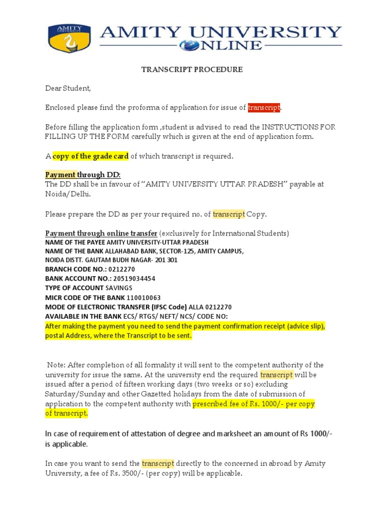 Transcript Procedure: Payment Through DD | PDF