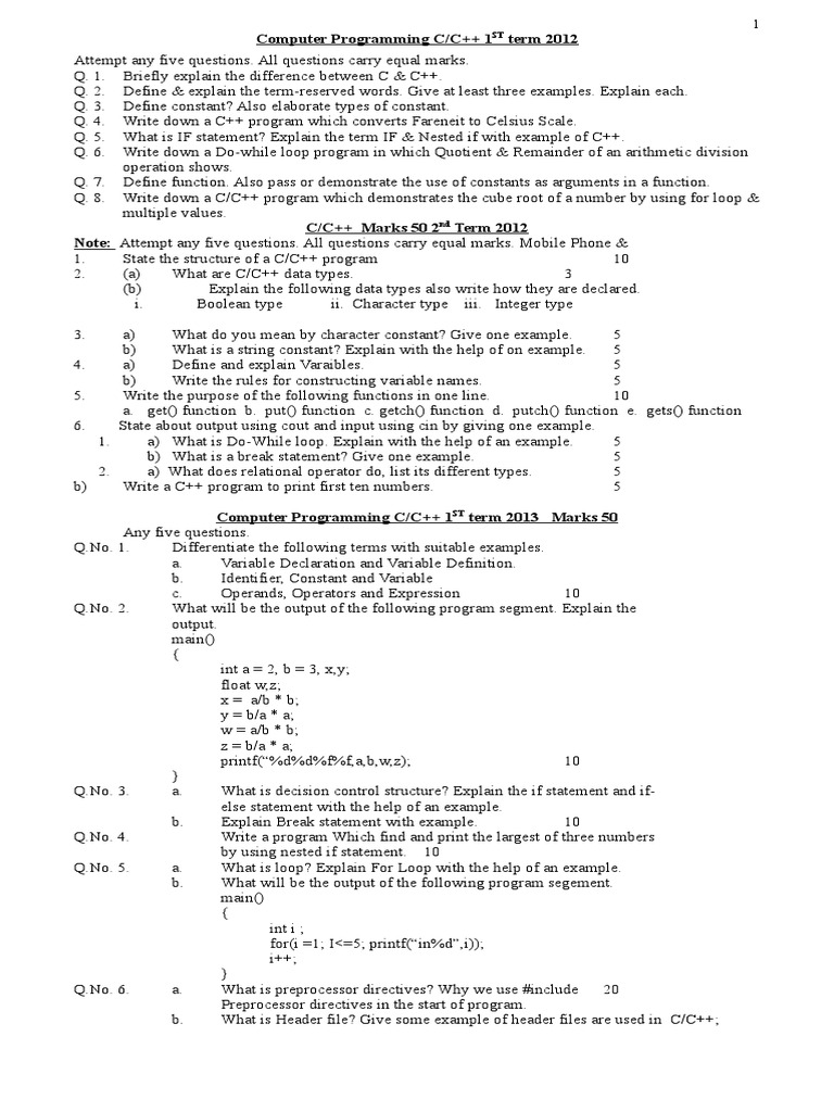 Computer Programming C C 1 Term 2012 Pdf C Programming Language Control Flow