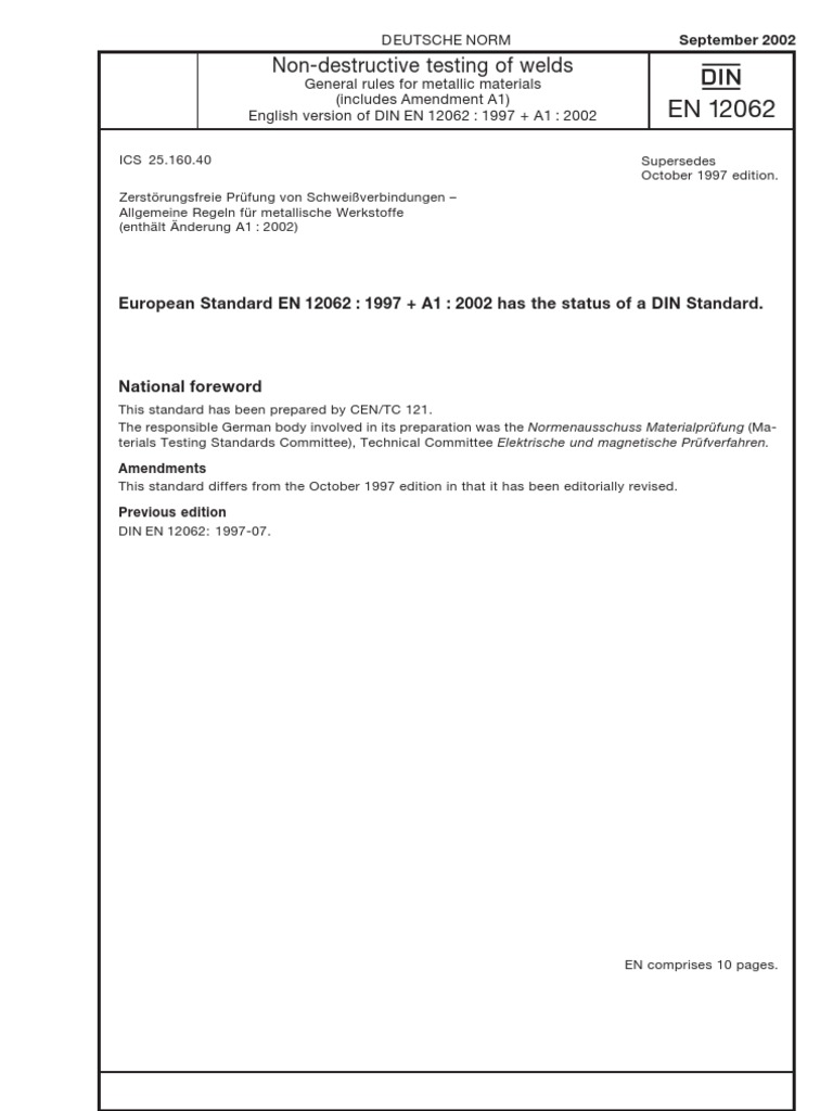 En 12062 | PDF | Nondestructive Testing | Welding