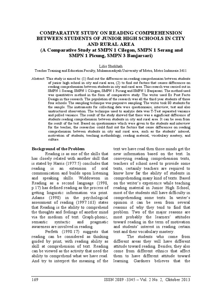City vs. Rural Reading Comprehension Study | PDF | Reading ...