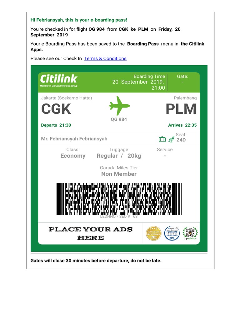 Flight Details and E-Boarding Pass for CGK to PLM on September 20th, 2019 | PDF