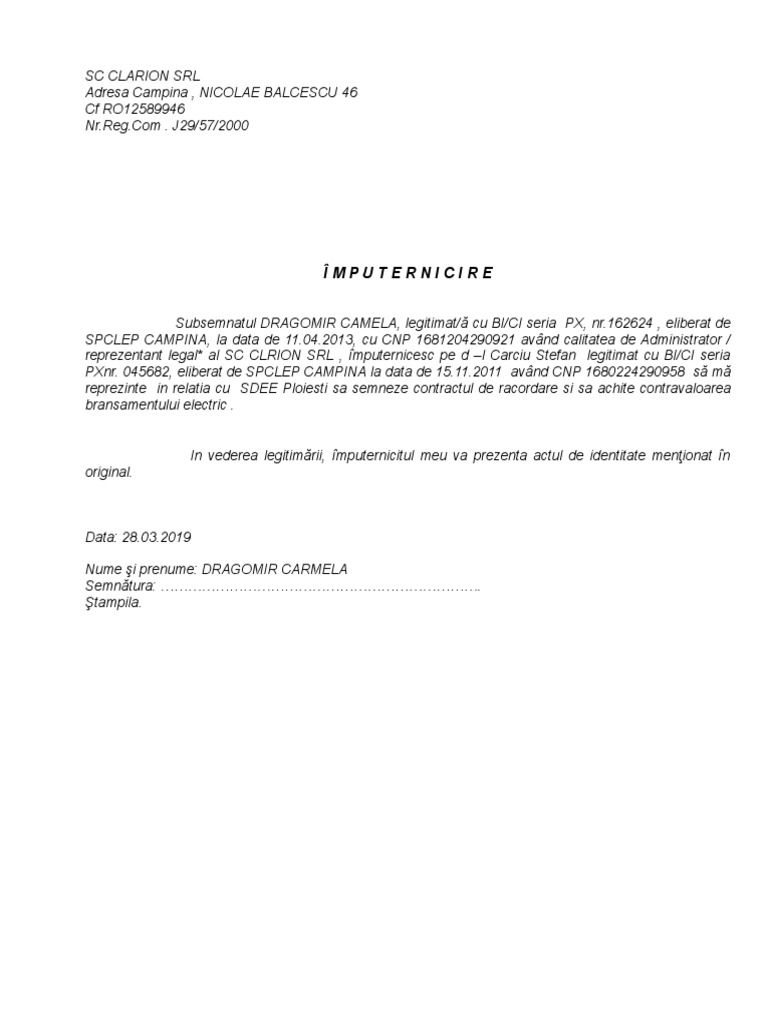 Imputernicire Model | PDF