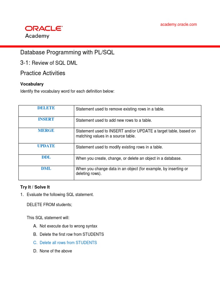 PLSQL 3.1 DML Practice Activities | PDF | Pl/Sql | Data Management Software