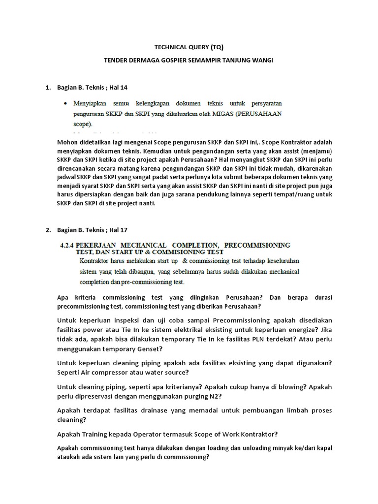 Technical Query Tq Tender Dermaga Gospier Semampir Tanjung Wangi Pdf