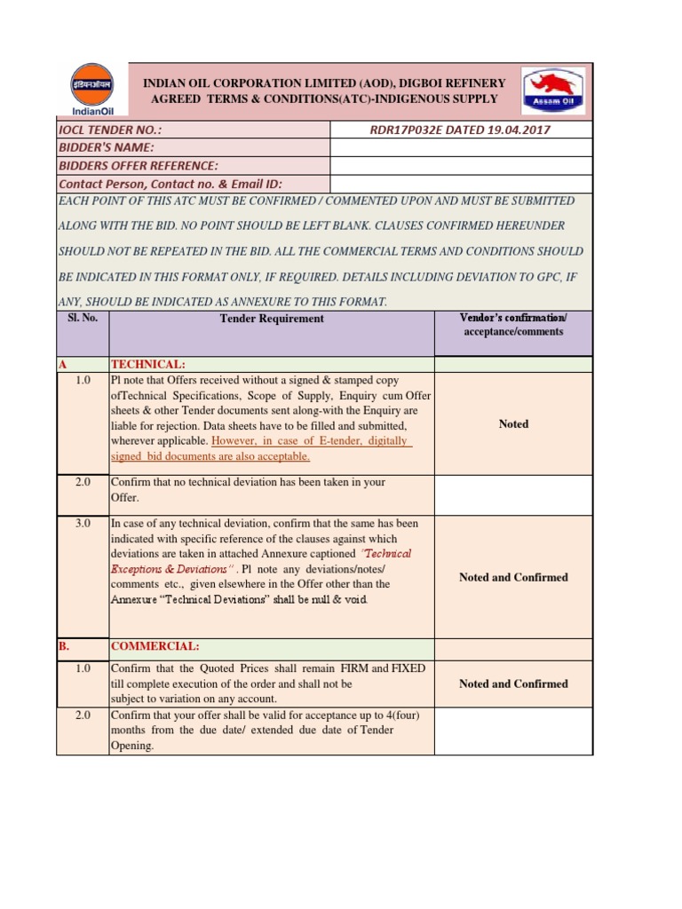 Iocl Tender No.: Bidder'S Name: RDR17P032E DATED 19.04.2017 Bidders ...