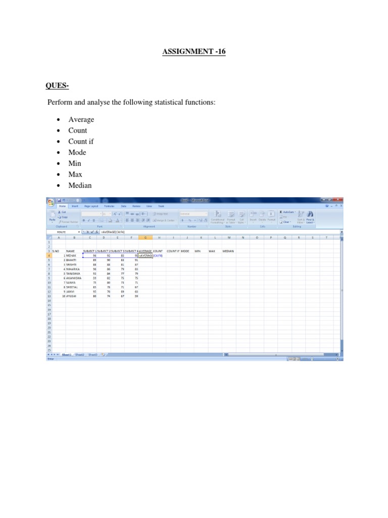 Assignment - 16: Perform and Analyse The Following Statistical Functions: Average Count Count If ...