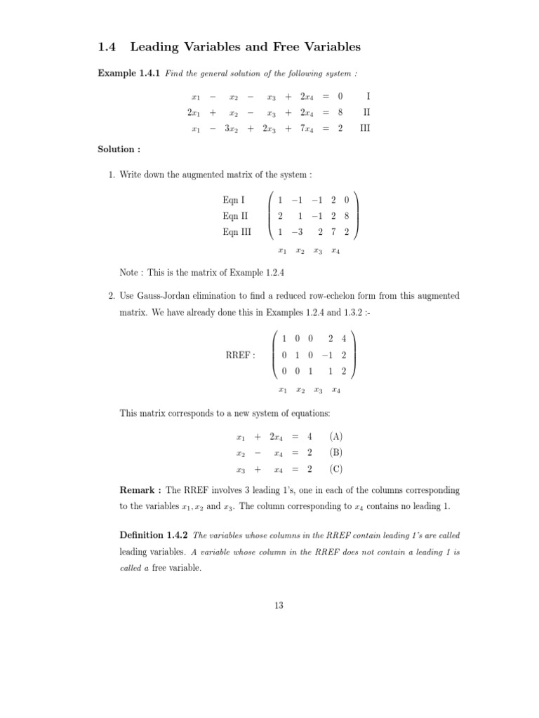 1.4 Leading Variables and Free Variables | PDF | Analysis | Linear Algebra