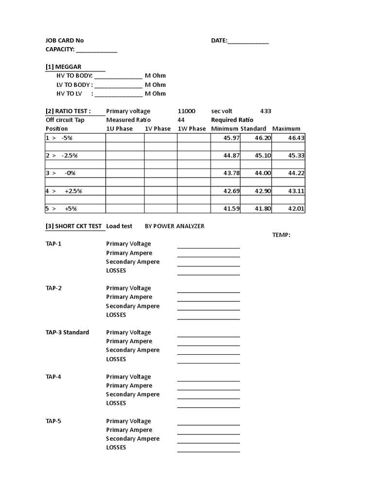 Job Card No DATE: - CAPACITY: - (1) Meggar | PDF | Voltage | Transformer