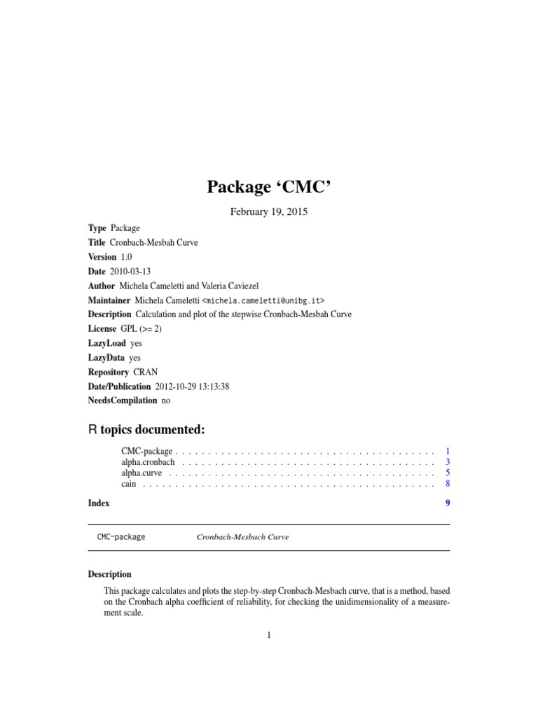 Package CMC': R Topics Documented | PDF | Cronbach's Alpha | Variance