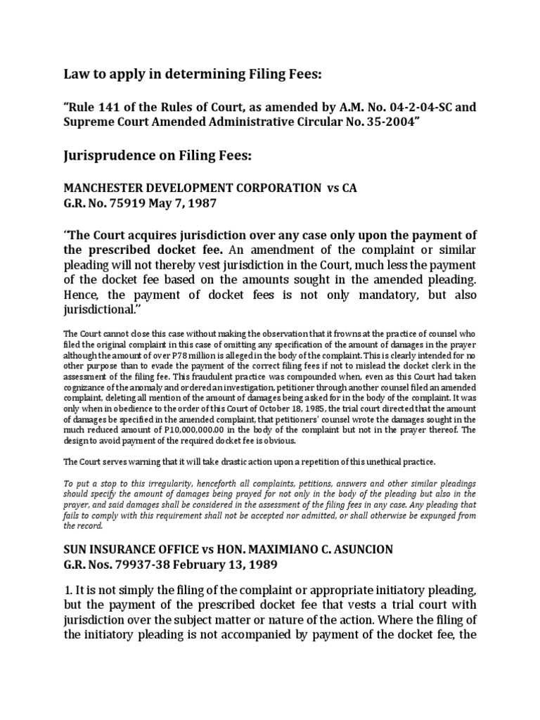 Law To Apply in Determining Filing Fees | PDF | Complaint | Pleading