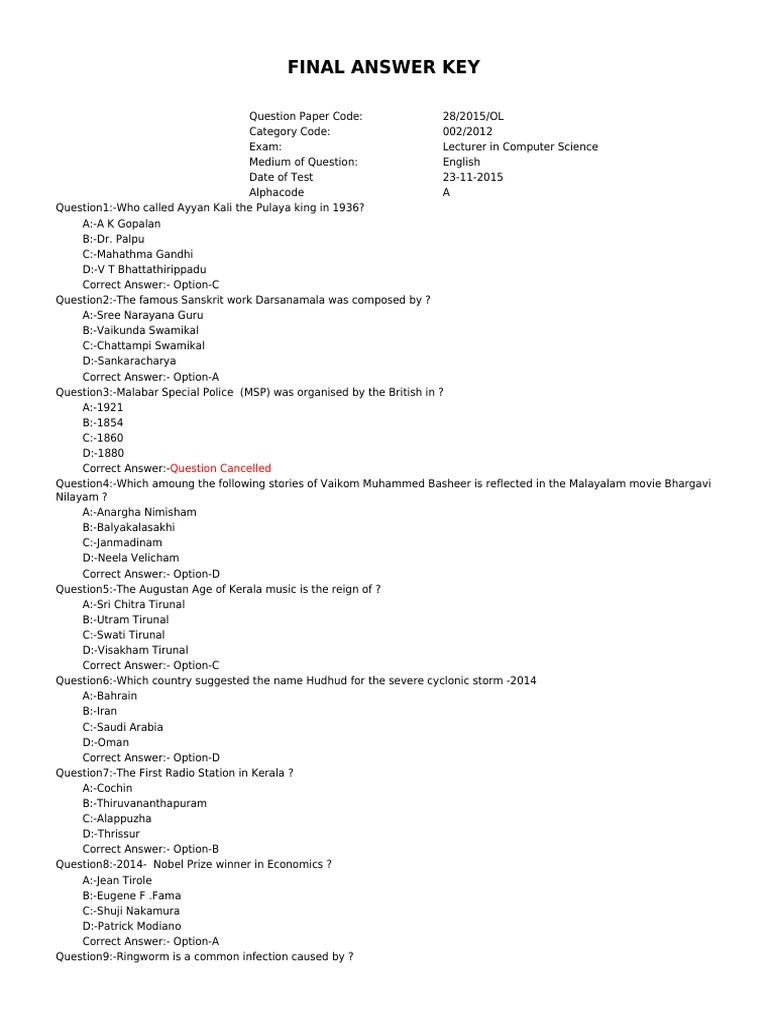 PSC Lecturer in Computer Science Solved Question Paper 2015 | PDF ...