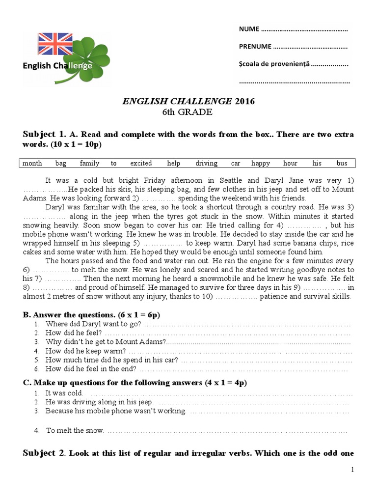 English Challenge 2016 6th Grade | PDF | Plural | Onomastics