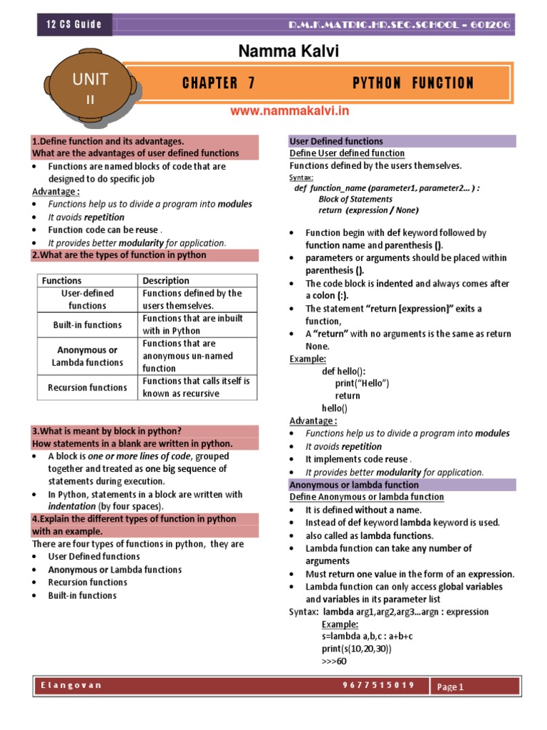 Python Functions: Chapter 7 Overview | PDF | Anonymous Function ...