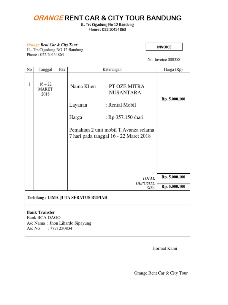 Orange Rent Car Invoice 16 Maret | PDF