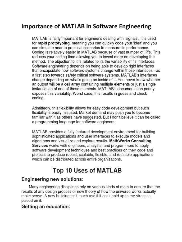 Importance Of Matlab In Software Engineering Pdf Matlab Software Development 6544
