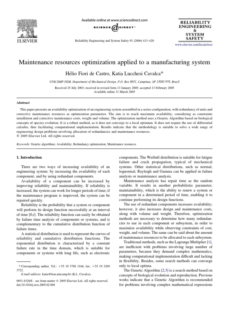 Maintenance Resources Optimization Applied To A Manufacturing System | PDF | Reliability ...