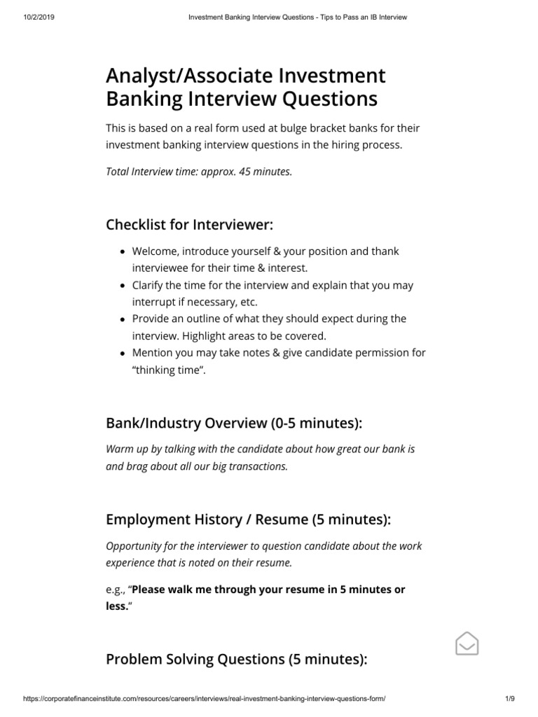 Analyst/Associate Investment Banking Interview Questions: Checklist For ...