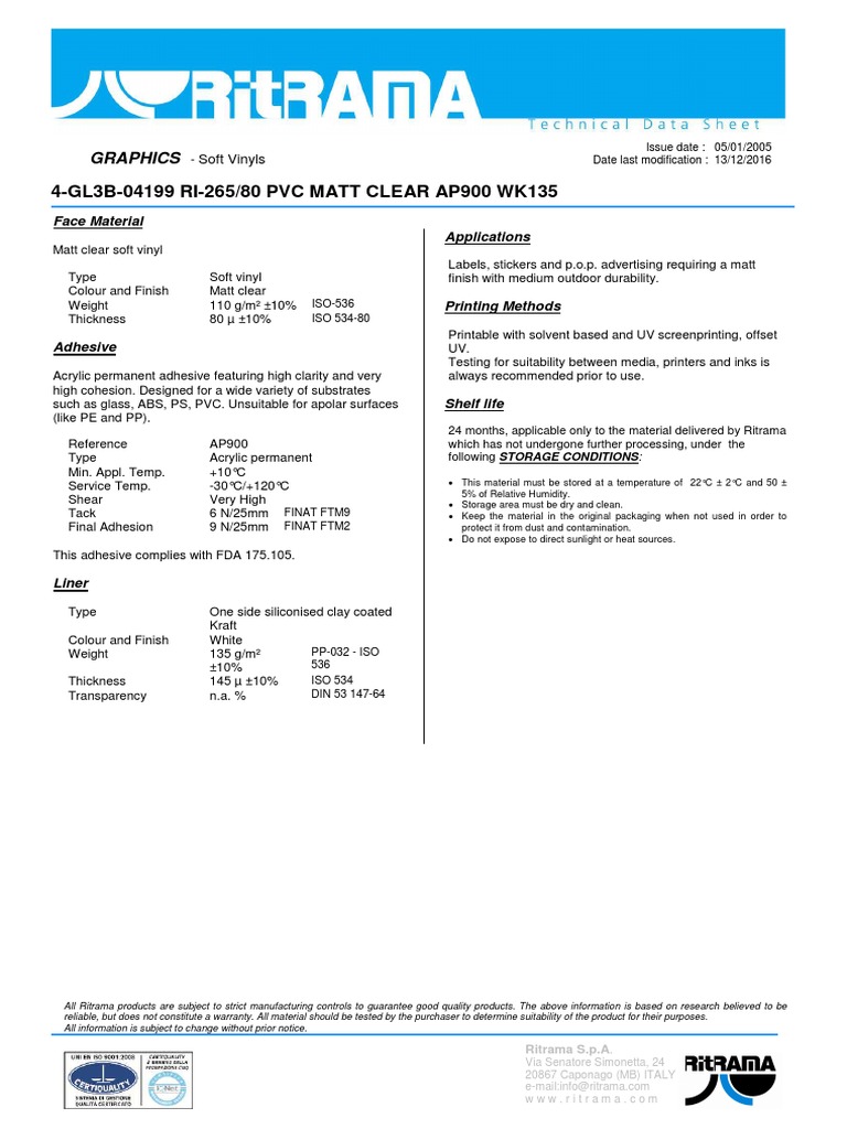 Ritrama Spec Sheet-PVC Matt Clear | PDF | Polyvinyl Chloride | Adhesive