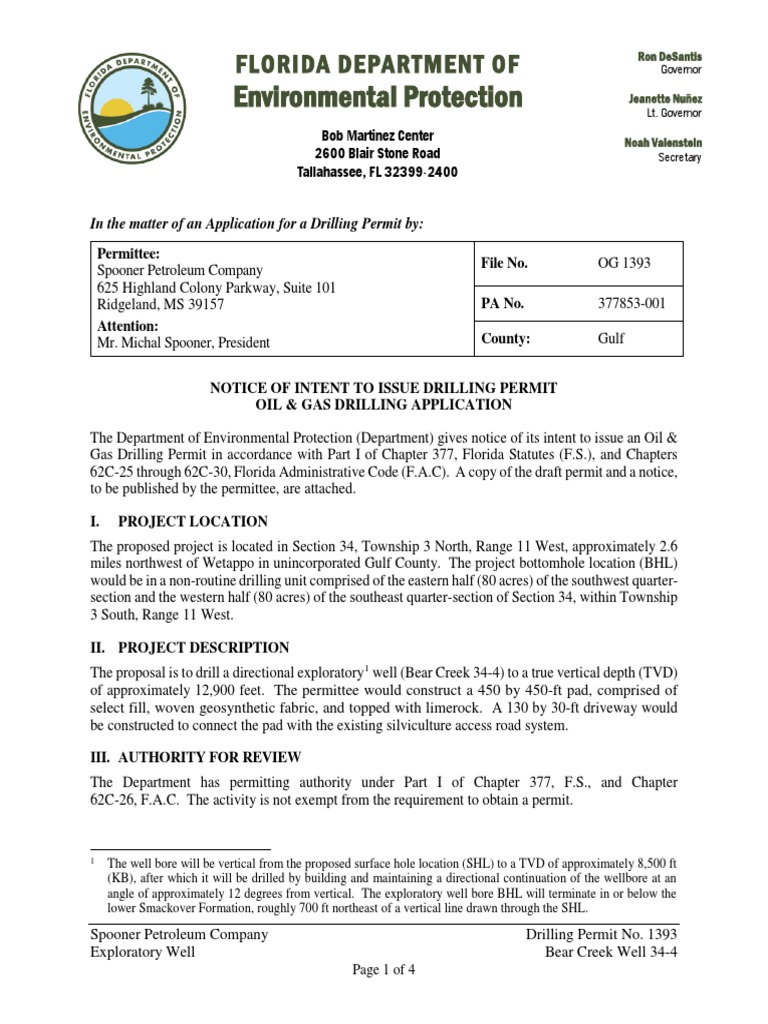 Florida Department of Environmental Protection Issues Notice of Intent ...