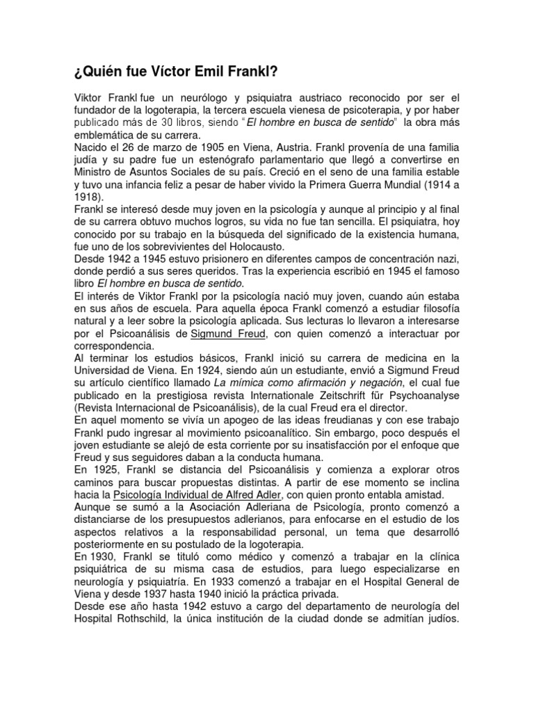 Quién Fue Víctor Emil Frankl | PDF | Conceptos psicologicos | Ciencias ...