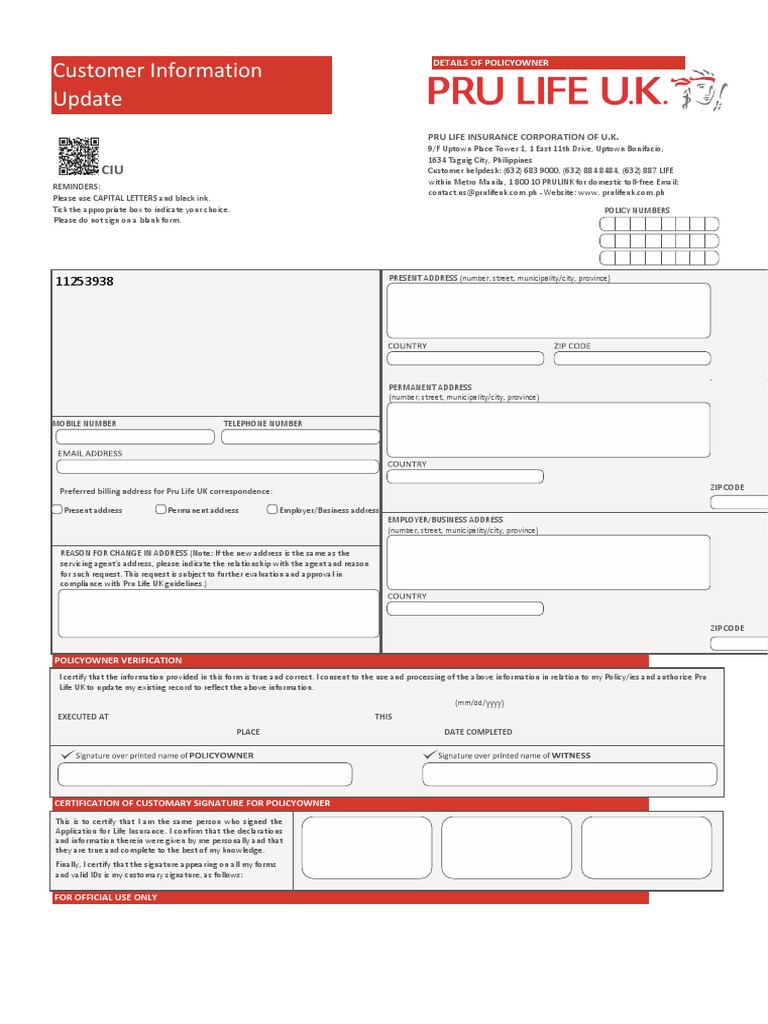 Customer Information Update: Details of Policyowner | PDF | Business
