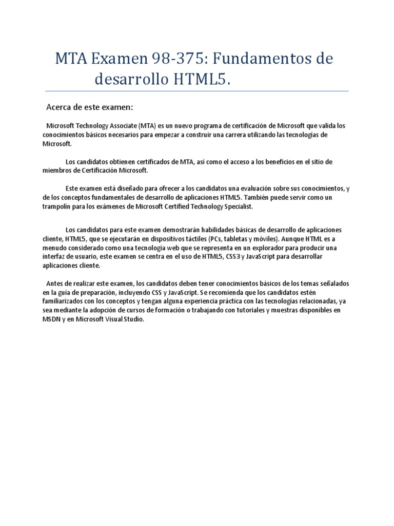 375 Objetivos Examen Microsoft Technology Associate HTML5 | PDF | Hojas de estilo en cascada ...