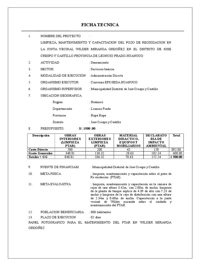 Ficha Técnica-Limpieza de Ptar | PDF