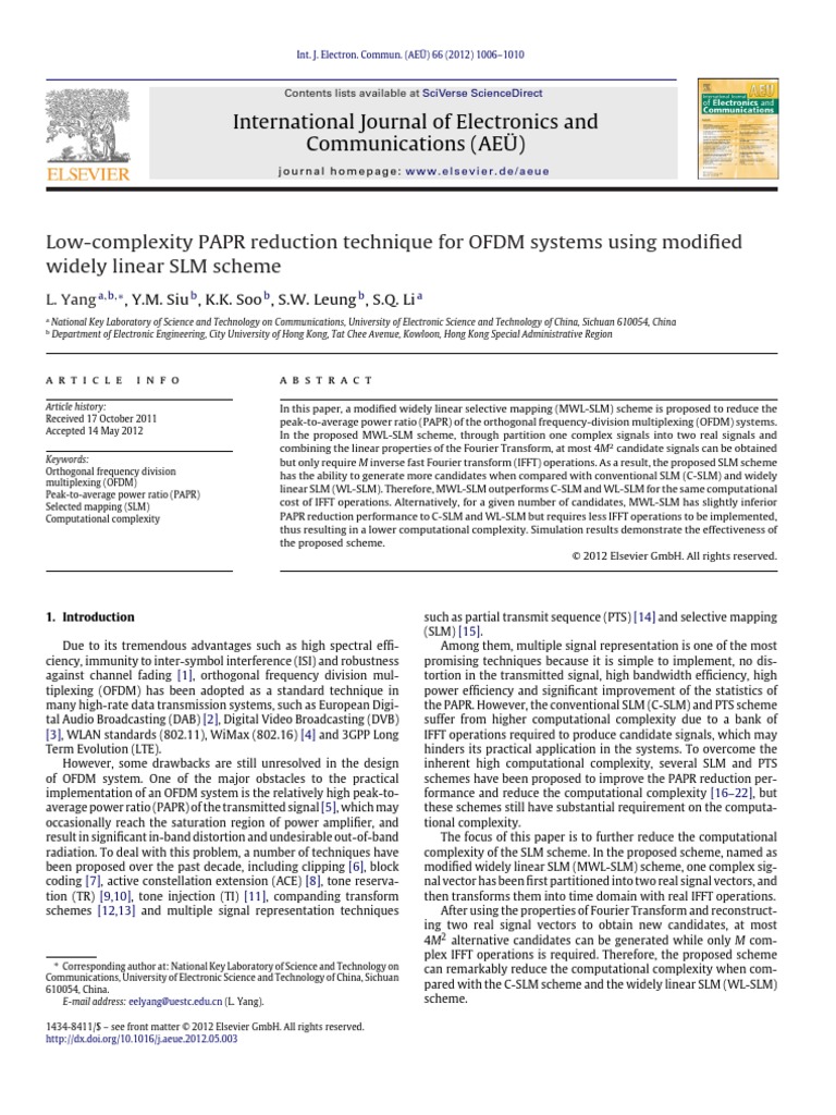 Low Complexity Papr Reduction Technique For Ofdm Systems Using Modified Widely Linear Slm Scheme