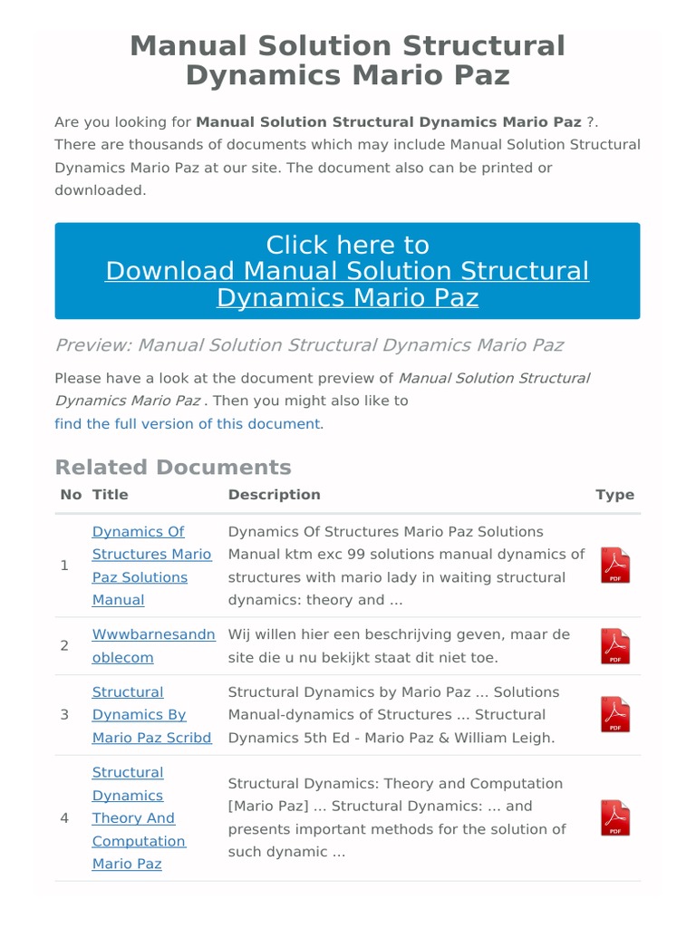 Click Here To Download Manual Solution Structural Dynamics Mario Paz | PDF
