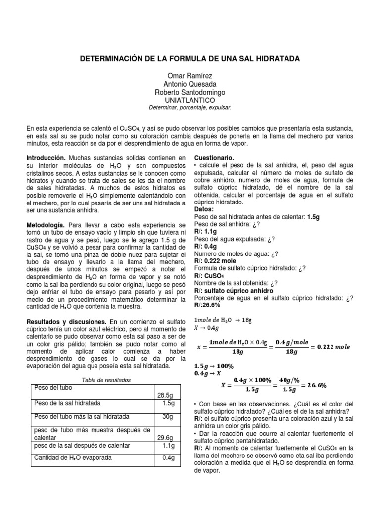 Determinación de La Formula de Una Sal Hidratada | PDF | sal | Agua