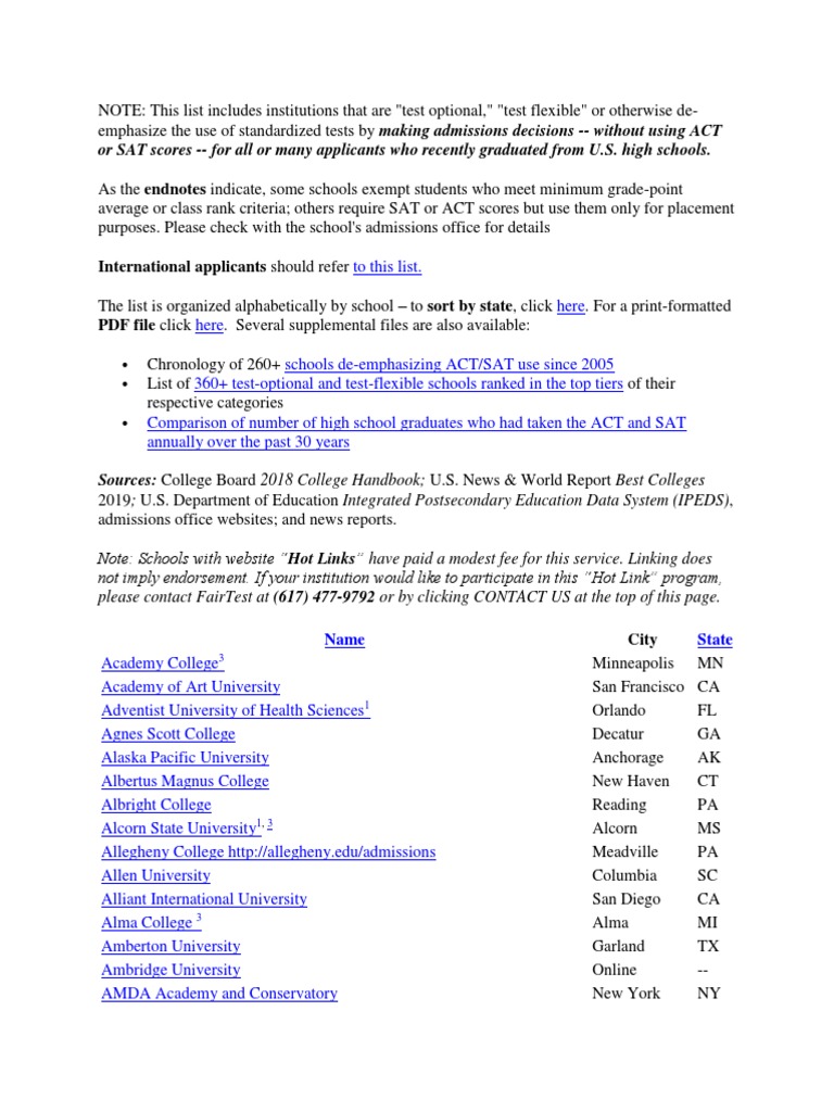Fairtest List | PDF | Sat | Educational Institutions