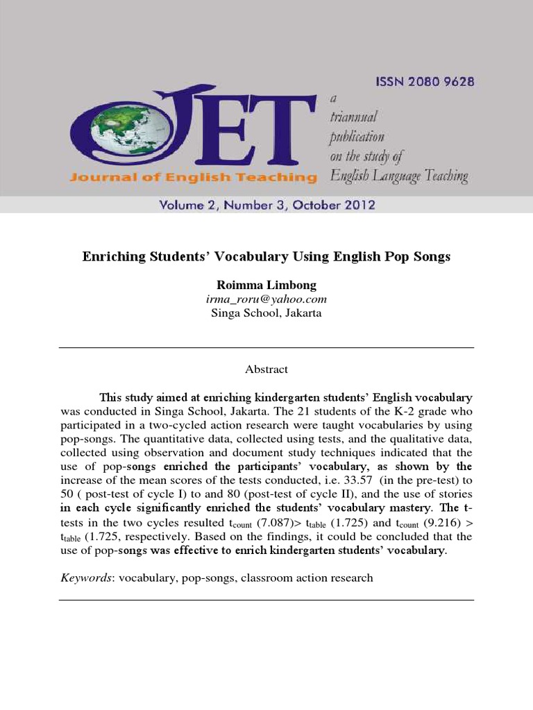Enriching Students' Vocabulary Using English Pop Songs: Limbong | PDF ...