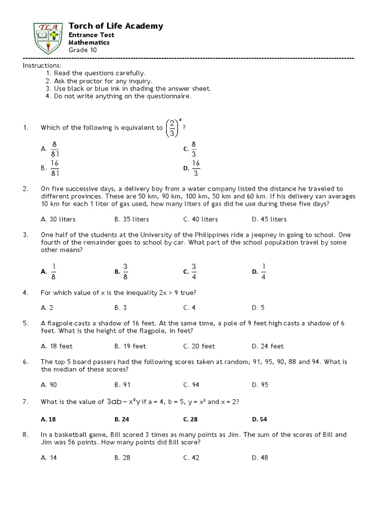 Entrance Test Math 10 | PDF | Angle | Triangle