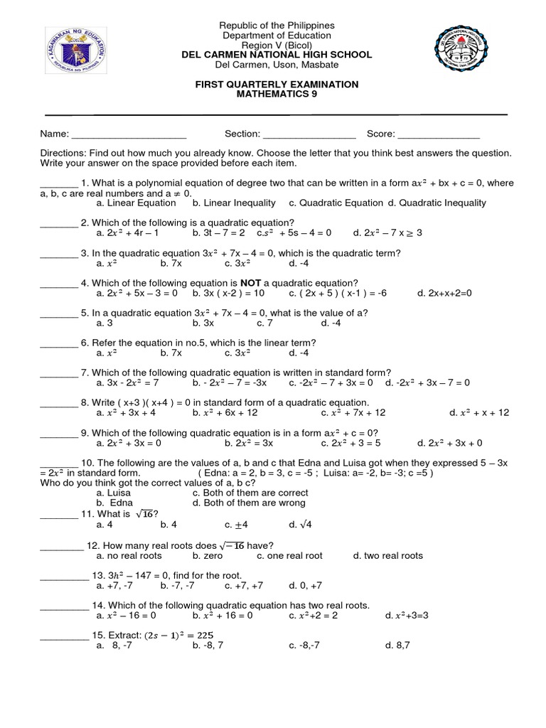 Grade 9 Math 1st Quarter Exam Review | PDF | Quadratic Equation | Equations