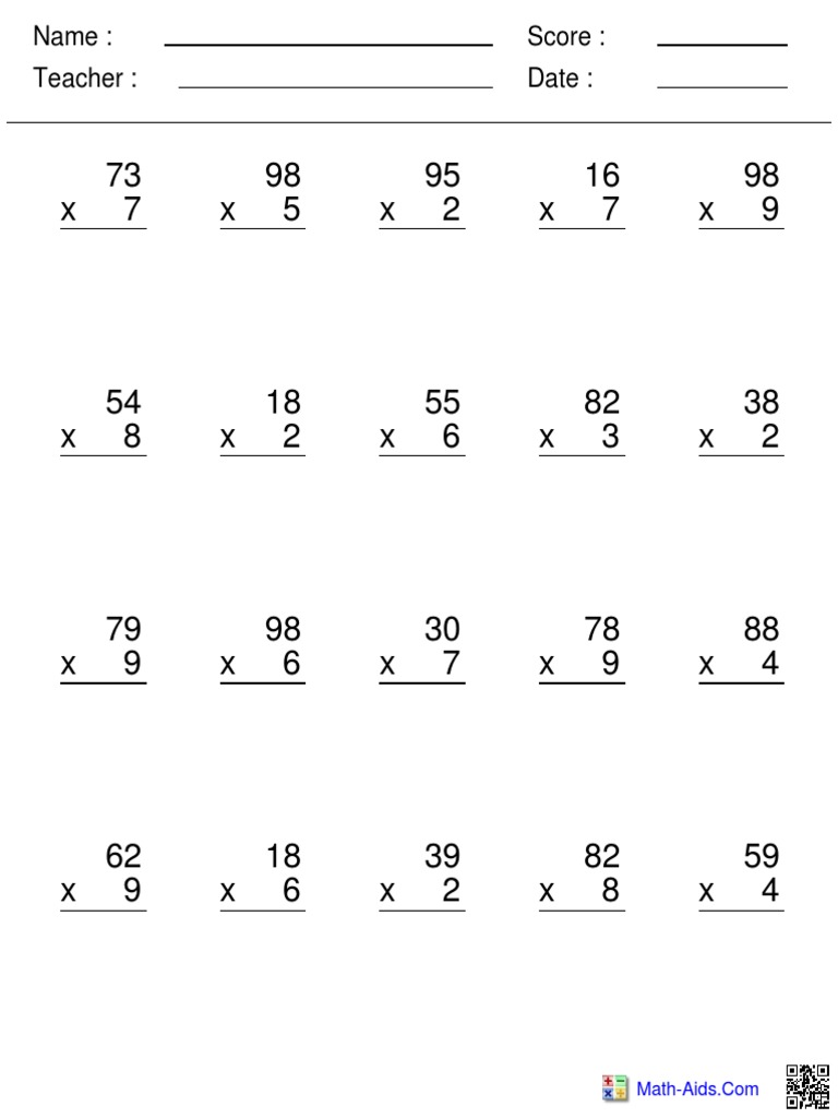 73 7 X 98 5 X 95 2 X 16 7 X 98 9 X: Name: Teacher: Date: Score | PDF