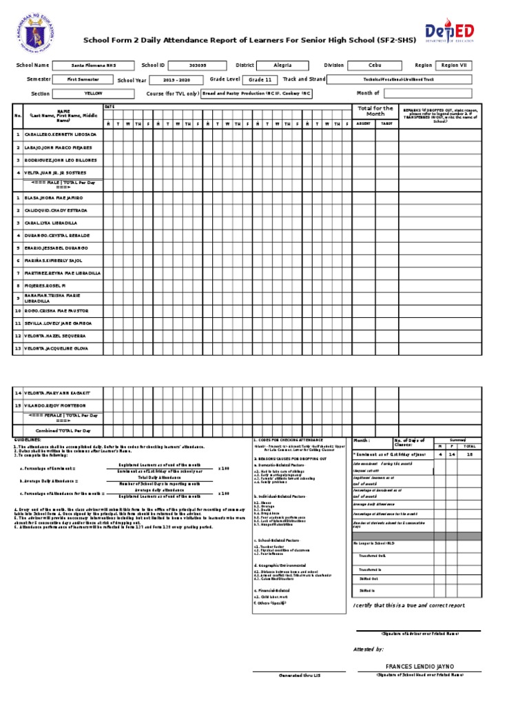 School Form 2 Daily Attendance Report of Learners For Senior High ...